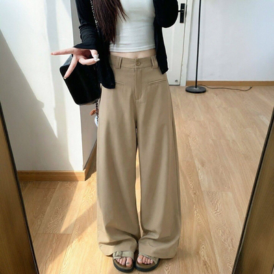 卡其色西装裤女2026新款春季高级感垂坠感老钱风休闲直筒阔腿裤