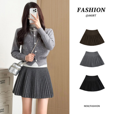 灰色呢半身裙女春夏2026新款高腰显瘦a字小个子温柔百褶jk短裙