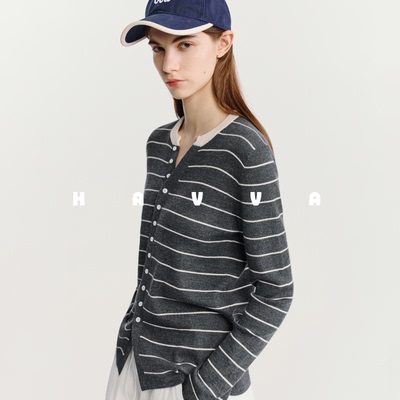 HAVVA经典条纹针织开衫女撞色设计感长袖毛衣上衣2026春季L3-4608