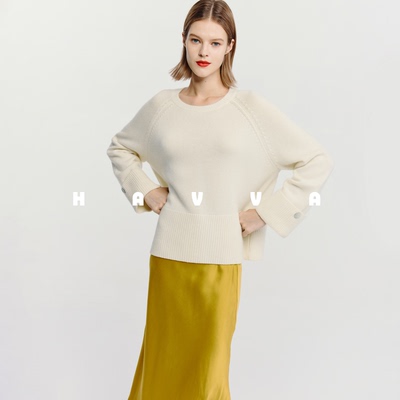 HAVVA口碑推荐宽松慵懒感毛衣女插肩袖温暖针织衫2025冬季M3-4803