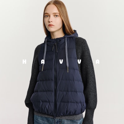 HAVVA针织拼接抽绳连帽羽绒服短款舒适保暖女士外套2025冬季Y2819