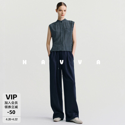 HAVVA立领无袖格纹衬衫利落剪裁舒适女士雪纺衫2026夏季X3-33810