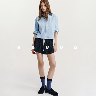 HAVVA设计感拼接翻领长袖衬衫小众毛边短款女士上衣2026春C3-4311