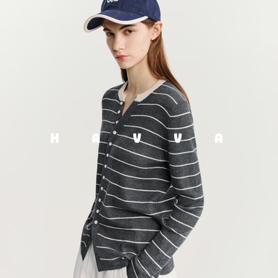 HAVVA经典条纹针织开衫女撞色设计感长袖毛衣上衣2026春季L3-4608