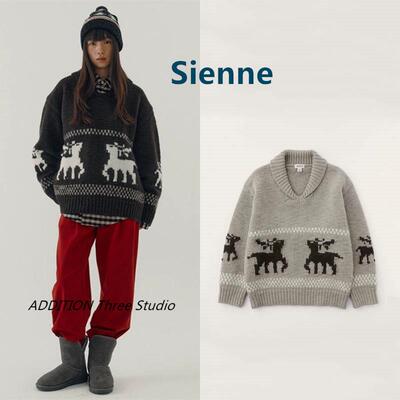 正品 Sienne 23冬季新款圣诞麋鹿提花翻领套头宽松长袖针织毛衣女