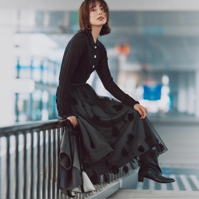 g1342~花仙子！F家超仙美 优雅气质高腰玫瑰植绒刺绣薄纱半身裙