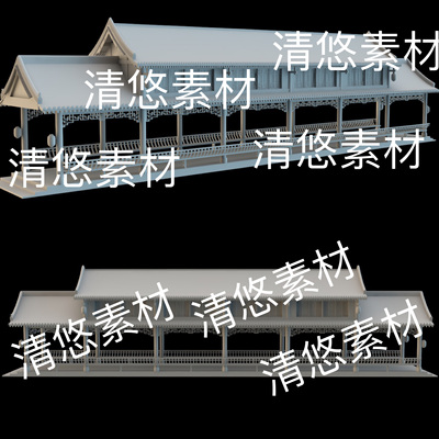 3dmax c4d fbx obj格式古建筑中式长廊过道长椅文件 非实物B749