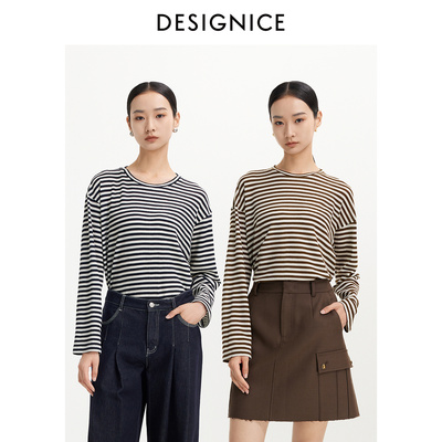 迪赛尼斯 通勤气质 复古条纹 长袖圆领T恤女