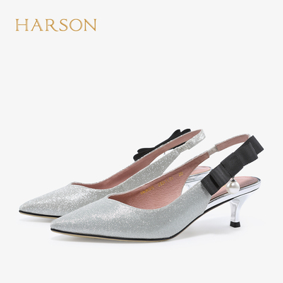 HARSON/哈森2020春季新品一字带尖头浅口细高跟单鞋女 后空通勤鞋HM06005