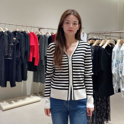 玖姿女士条纹休闲长袖开衫衫JLFQ30603