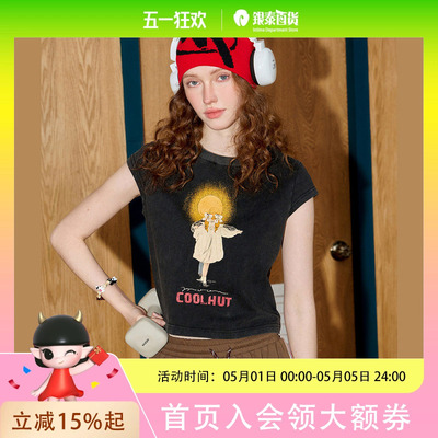 coolhut美式印花复古做旧圆领天使宝宝短袖2025夏季女T恤短款正肩