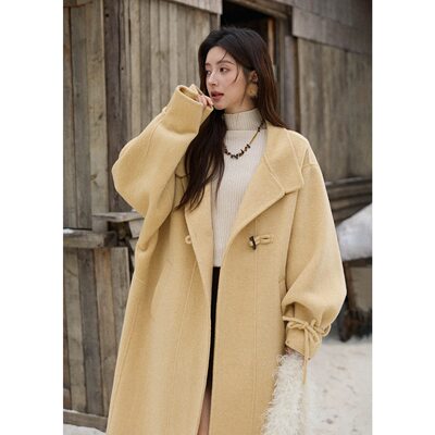 谜秀双面呢大衣女100羊毛复古灯笼袖立体高领毛呢外套2025冬MXE51W0902