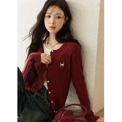 谜秀红色绞花纹开衫毛衣MXD47Z0916