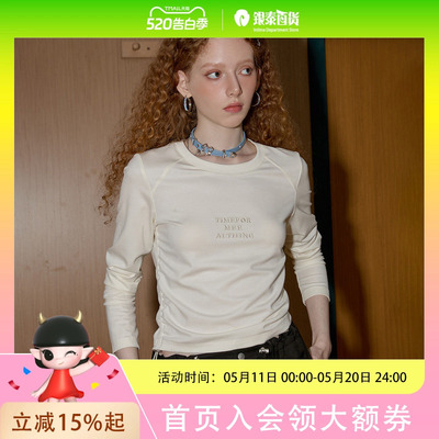 COOLHUT设计感抽绳简约短款显瘦2025春季女式T恤纯色字母圆领内搭