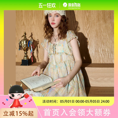 coolhut蕾丝拼接油画风晕染甜美碎花短袖2025夏季连衣裙A字