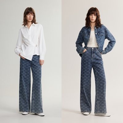 ELLE纯棉质感帅气牛仔裤2024年秋季款复古通勤风满印设计直筒裤女EQ48525