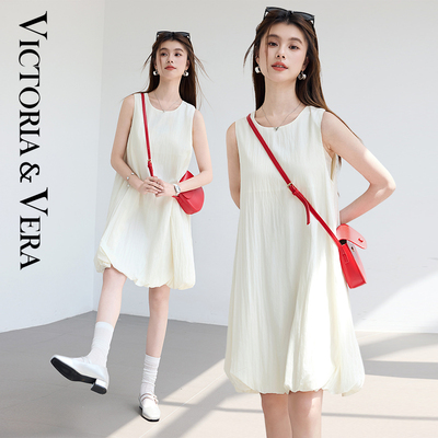 VICTORIA&VERA夏季“云朵膨膨”无袖花苞连衣裙短款显腿长遮副乳高腰线甜系约会通勤裙