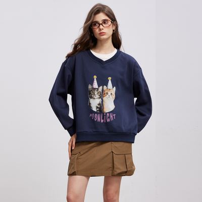 Basic House/百家好V领印花卫衣女2025秋设计感打底上衣女