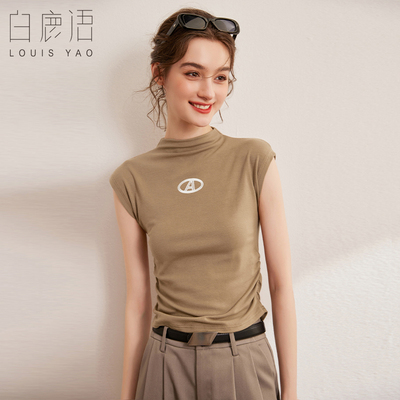 白鹿语撞色标修身t恤24秋季款复古立领微弹显瘦简约女式T恤BL10123