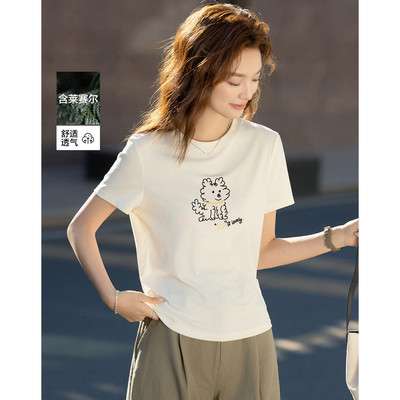 dme德玛纳【舒适T恤】夏季圆领小狗线条印花短袖高弹修身显瘦t恤G541220126438