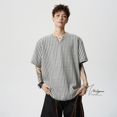美式高级感鱼骨纹V领短袖T恤男夏