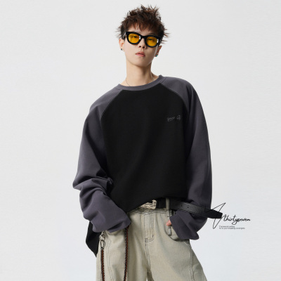 美式潮牌撞色插肩袖德绒打底衫男