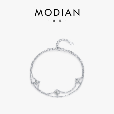 摩典S925纯银镶钻双层四叶草手链