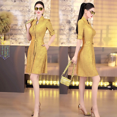 VJE初夏职场OL风气质修身中袖衬衫裙2025新款时尚收腰印花连衣裙