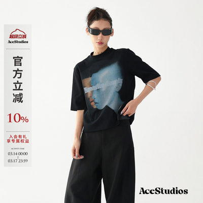 AceStudios纯棉美式复古潮牌人像印花短袖T恤女正肩短款半袖上衣
