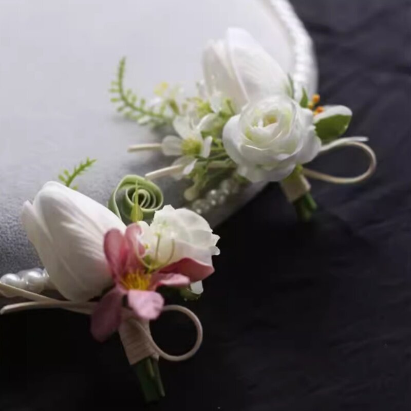 郁金香胸花新款小清新结婚专属胸花白绿森系韩式简约手腕花