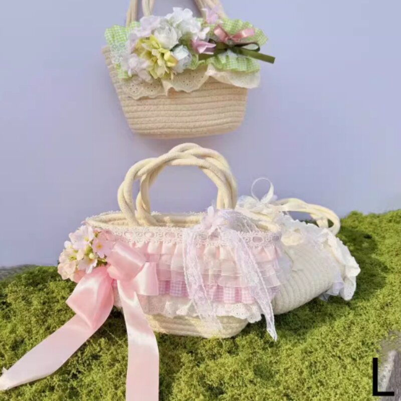 田园Lolita蕾丝草编包包森系洛丽塔花朵度假草包软妹斜挎手提小包