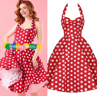 港风复古波点年代挂脖表演连衣裙
