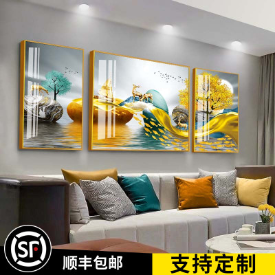 客厅装饰画三联沙发背景墙壁画新中式轻奢挂画简约北欧麋鹿风景画