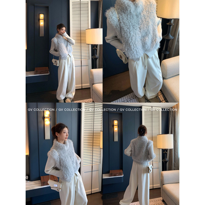 针织拼接环保滩羊毛立领拉链外套