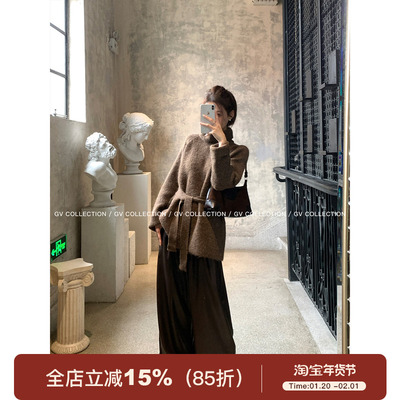 羊毛高领腰带收腰毛衣上衣