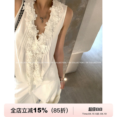 立体花朵棉麻捏褶V领背心上衣