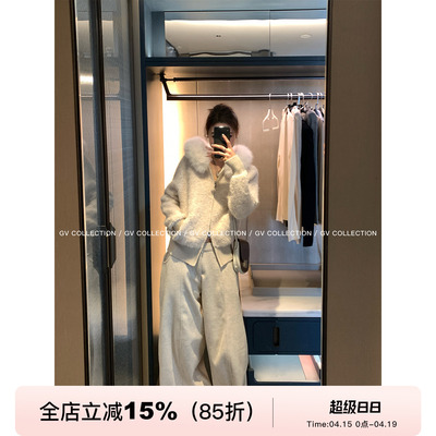 羊毛针织连帽毛领拉链开衫外套