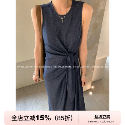 天丝牛仔圆领立体打结收腰连衣裙