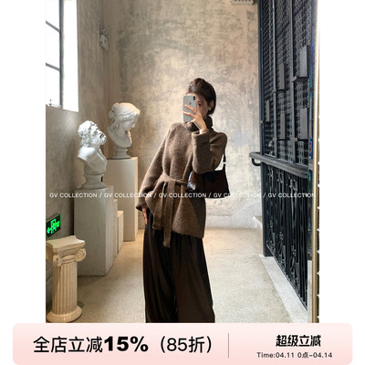 羊毛高领腰带收腰毛衣上衣