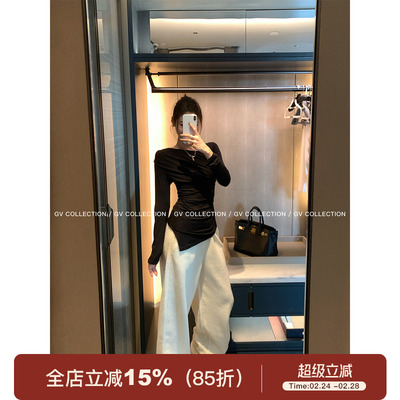 不规则褶皱收腰修身弹力上衣