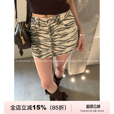 豹纹磨破牛仔半身裙防走光