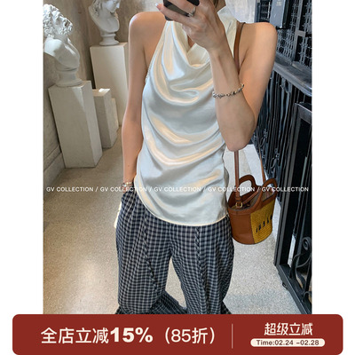 GV大白哥 高阶J简 荡领缎面挂脖背心上衣夏日休闲透气百搭小衫女