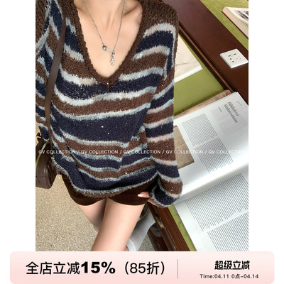 镂空羊毛针织亮片条纹撞色上衣