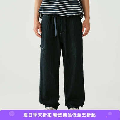 WHEELS and WIND 男女中性款水洗牛仔机能性耐磨宽松锥形长裤