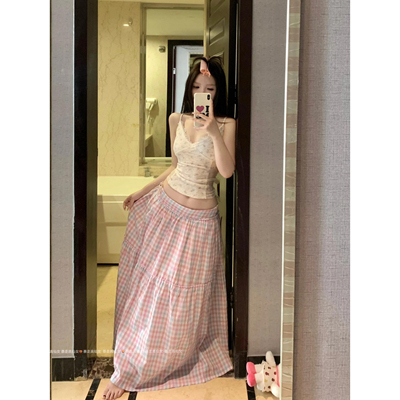 撞色格子半身裙高个子女生加长版