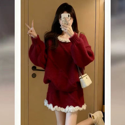 冬季圣诞氛围感毛衣半身裙两件套