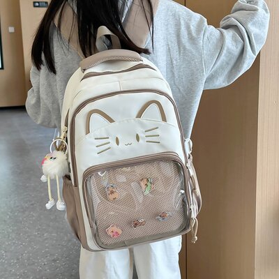 韩国进口可爱猫咪双肩包女透明吧唧痛包新款大容量书包中学生背包