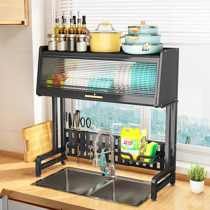 厨房水槽上方置物架可伸缩多功能带门柜门台面碗碟架子碗架沥水架_虎窝淘