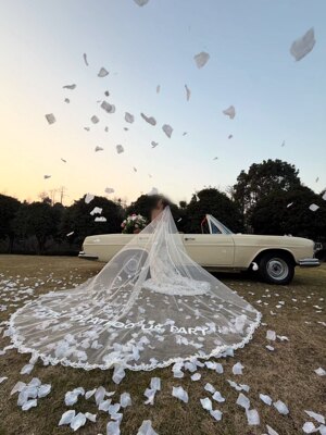 新款新娘字母头纱主纱蕾丝花边超仙森系复古硬纱头纱摄影拍照头饰