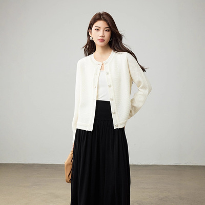 通勤时尚羊毛针织开衫女春季小香风外套26新款女装卷边宽松毛衣女